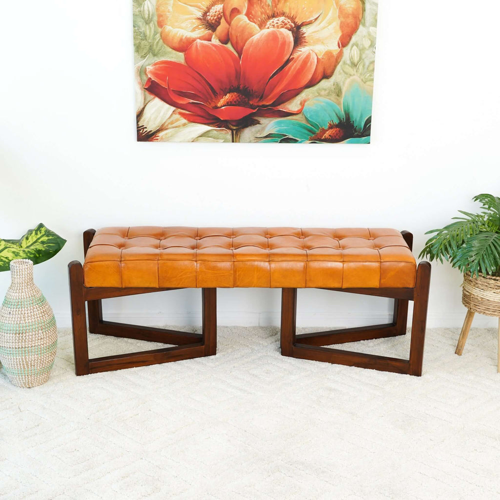 Darla Tan Leather Bench | New York Modern