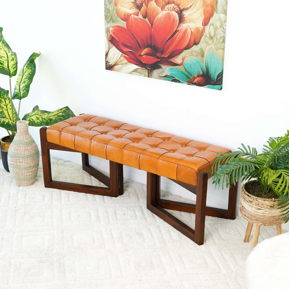 Darla Tan Leather Bench | New York Modern