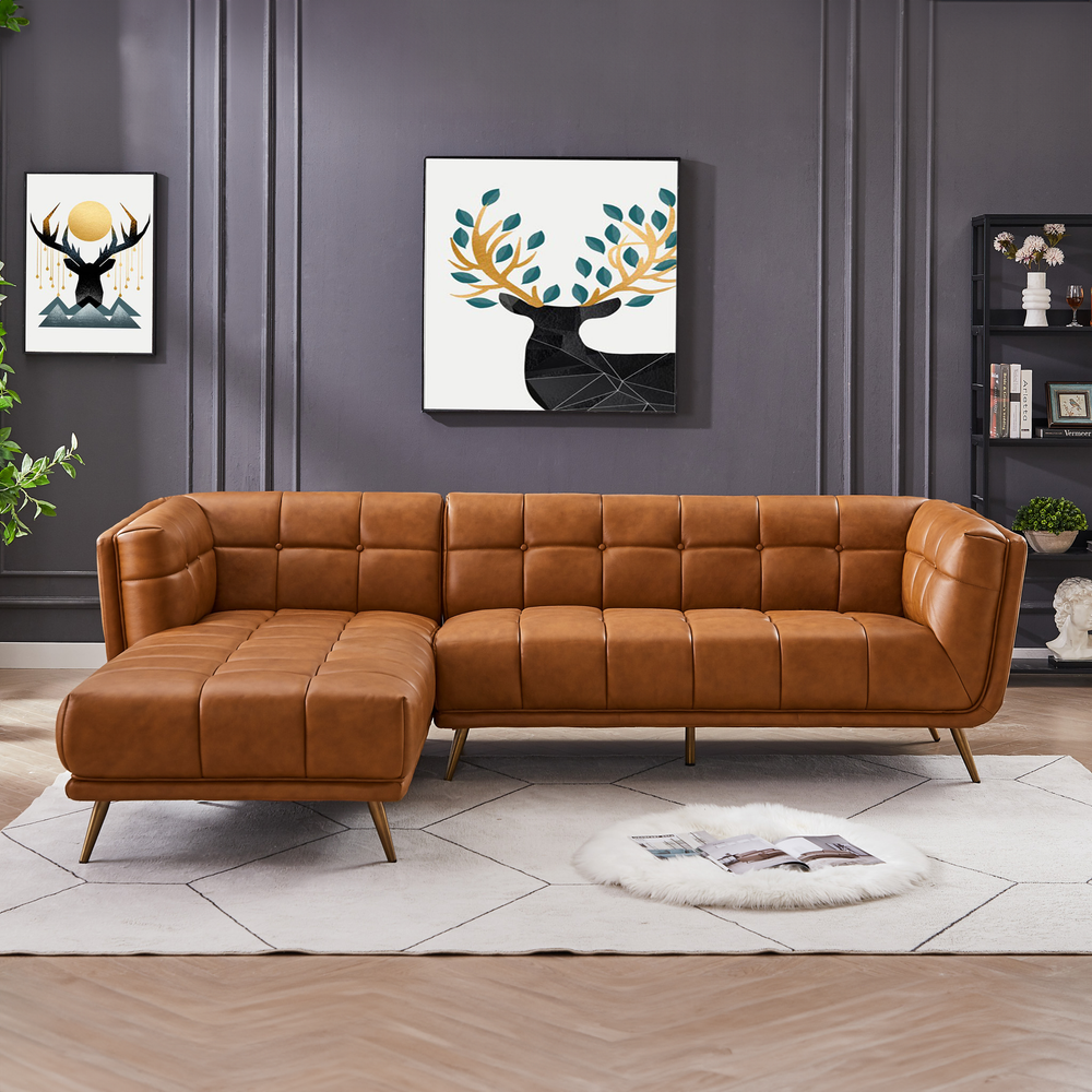 Hancock Cognac L Shape Leather Sectional Sofa With Metal Feet